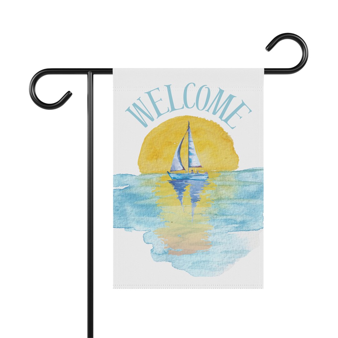 Welcome Garden Banner, Sunset and Boat, Summer Garden, Gardeners Gift ...