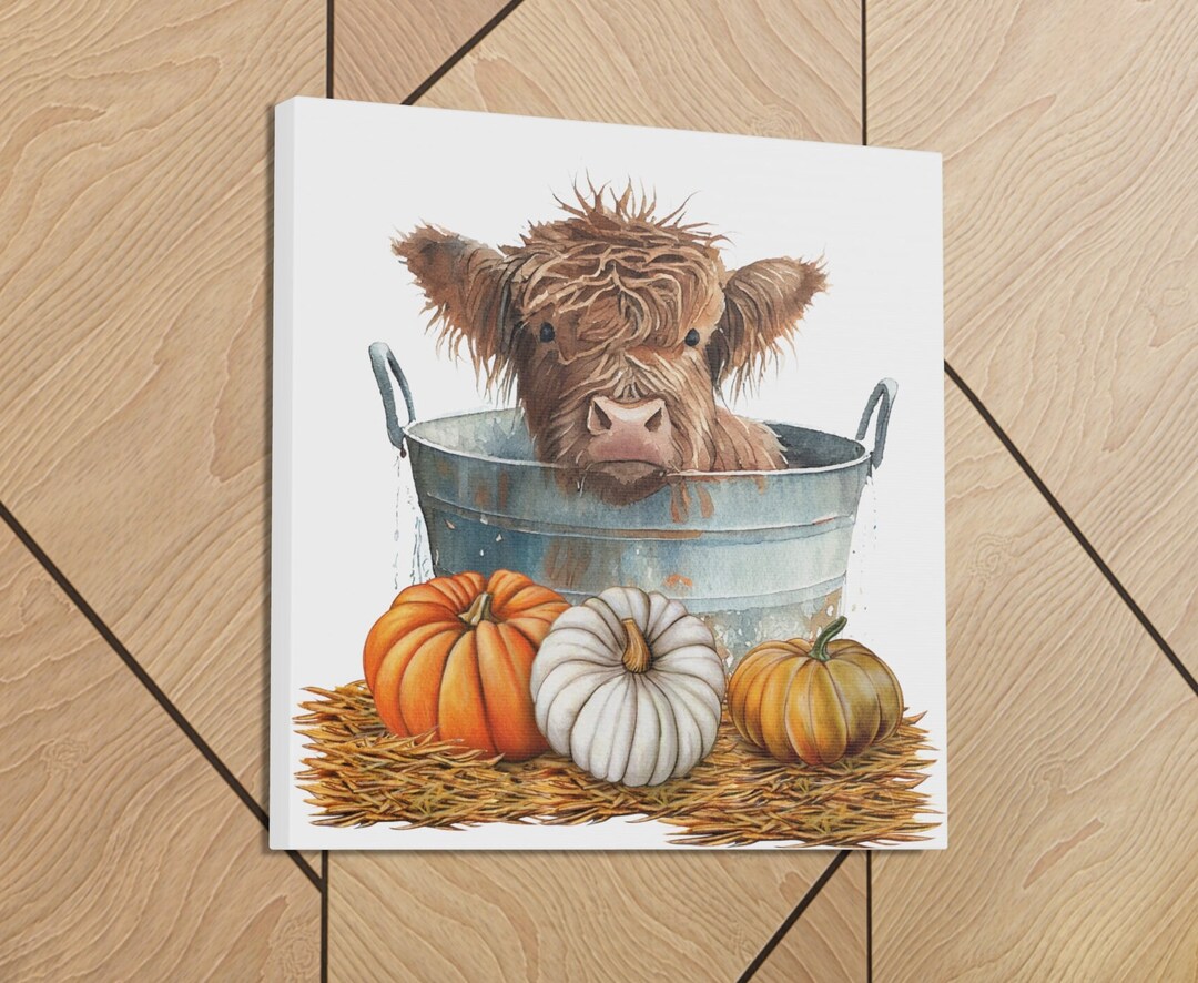 Baby Highland Cow Fall Canvas, Wooly Cow Picture, Farmhouse Decor ...