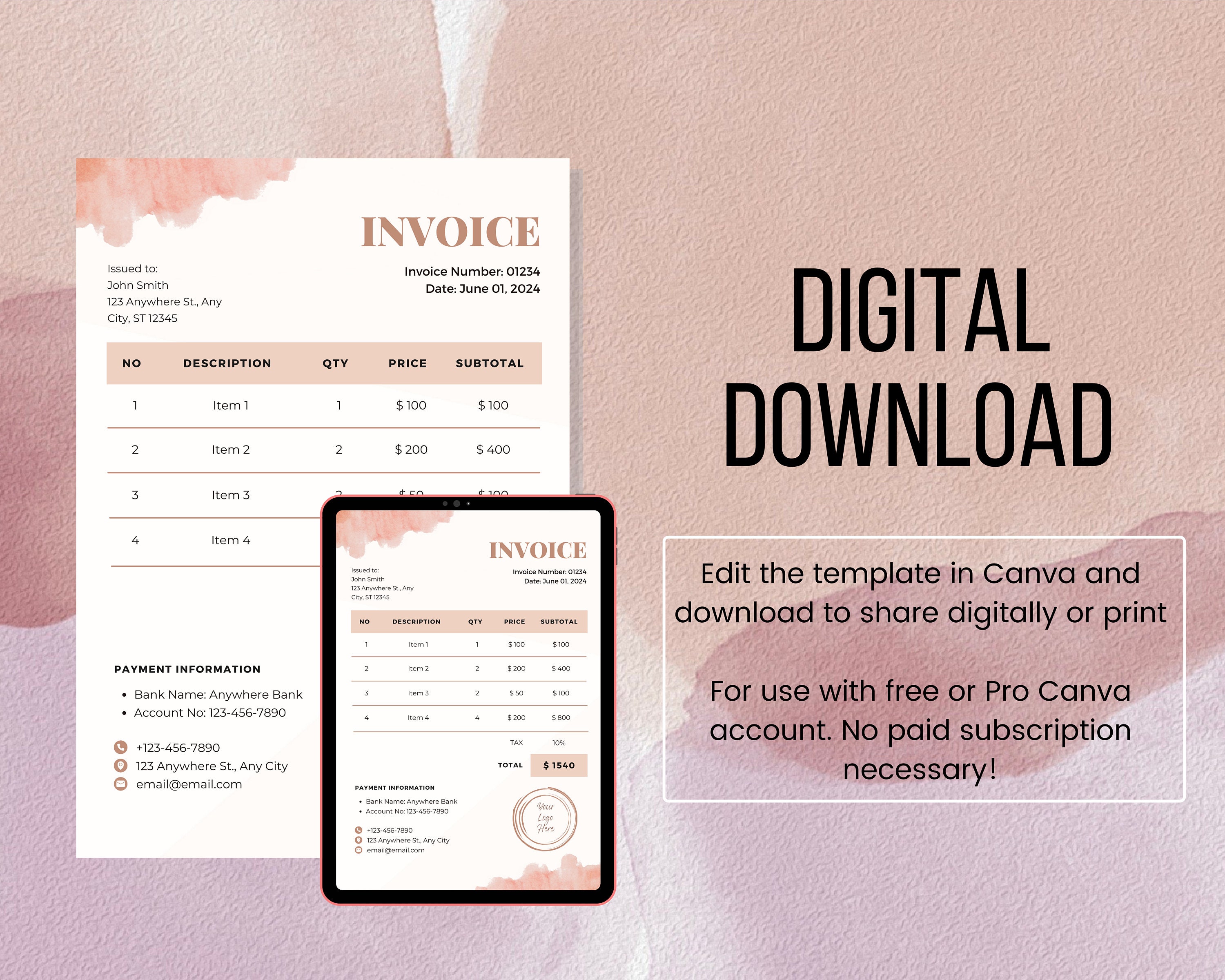 Invoice Editable Template, Printable Small Business Invoice, Digital ...