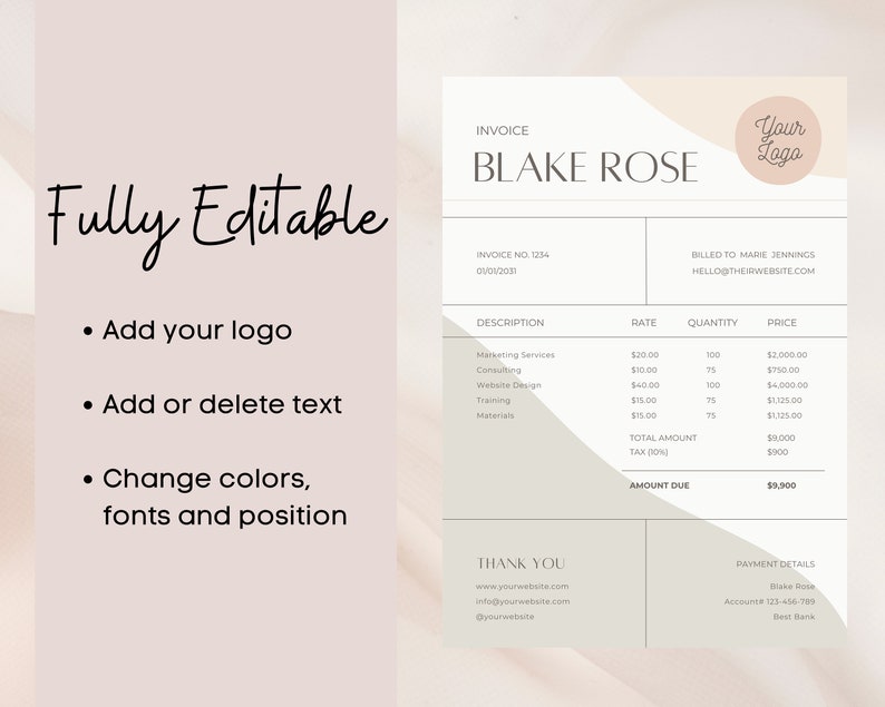 Invoice Editable Template, Printable Small Business Invoice, Digital ...
