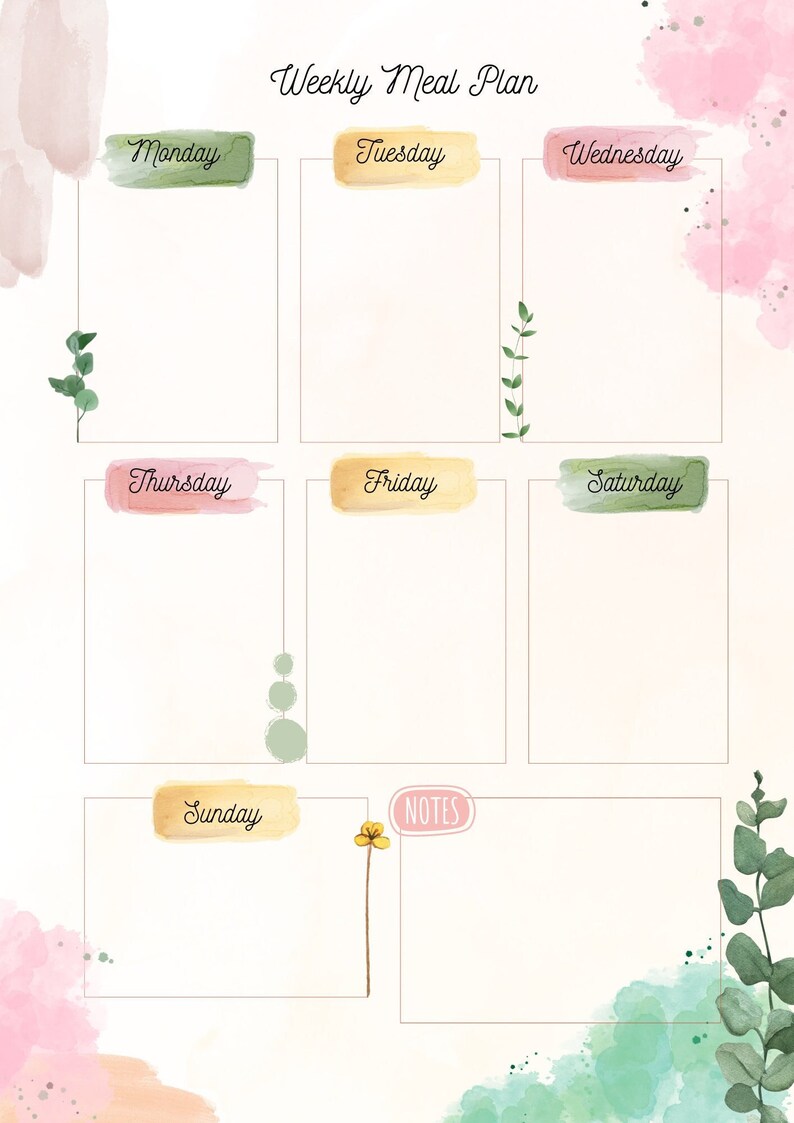 Weekly Meal Plan Printable Watercolour Template - Etsy