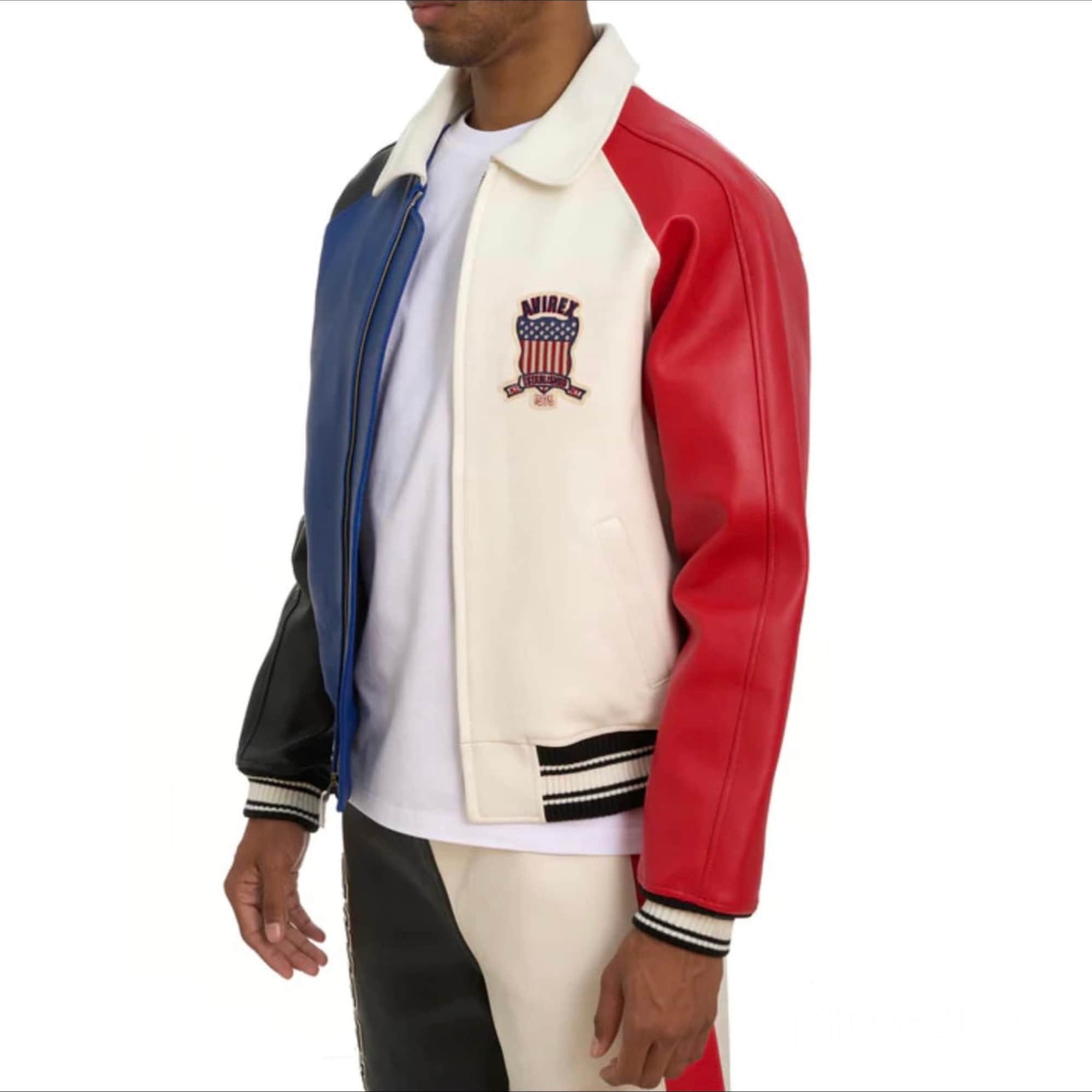 Icon Leather Jacket, Jacket in Blue and White Color With Red & Black ...