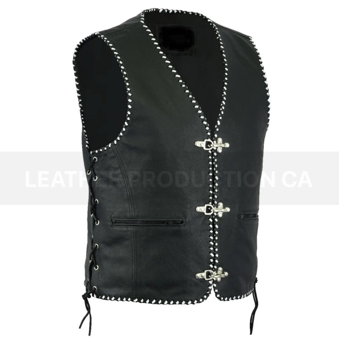 Men Black Distressed Leather Vest With Hooks & Buckles Closure, Bikers ...