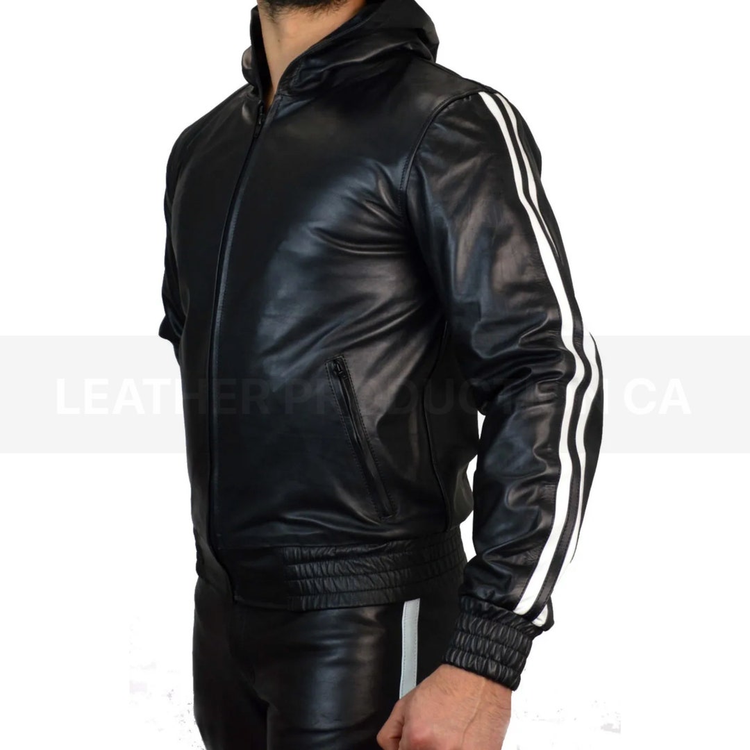 Men's Black Leather Hoodie Genuine Lambskin Leather Handmade Slim Fit ...