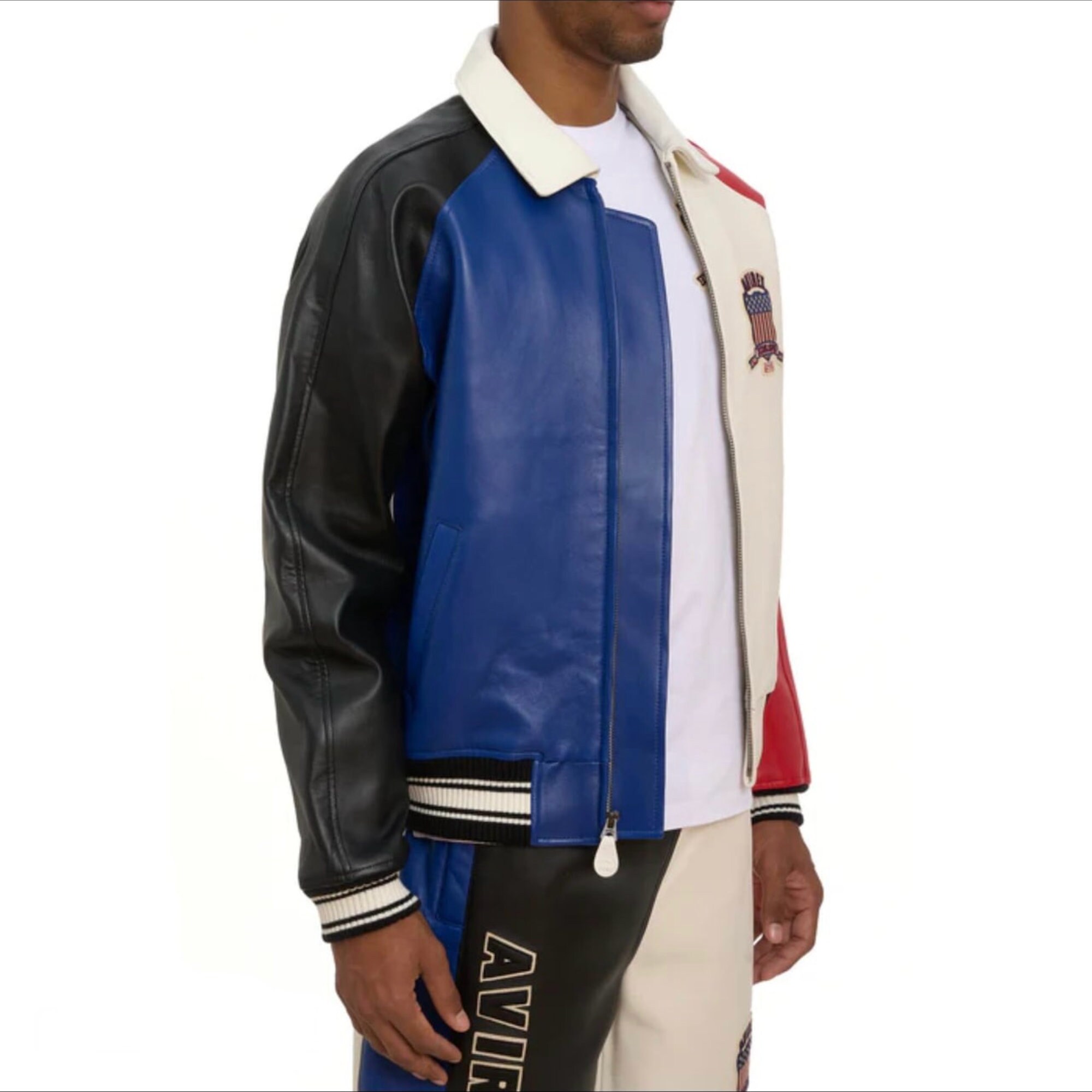 Icon Leather Jacket, Jacket in Blue and White Color With Red & Black ...