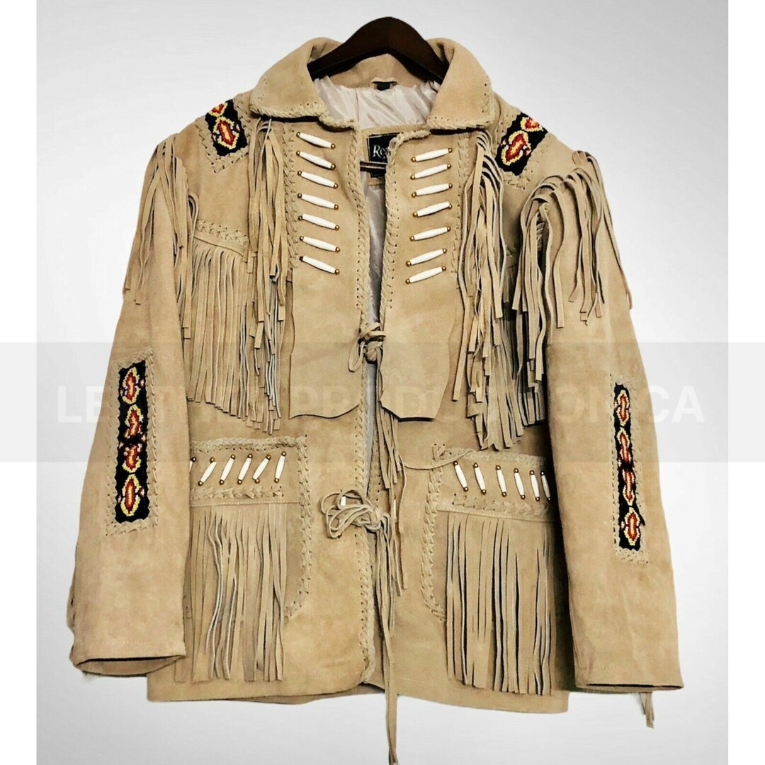 New Men's Native American Suede Leather Jacket With Fringe and Beads ...