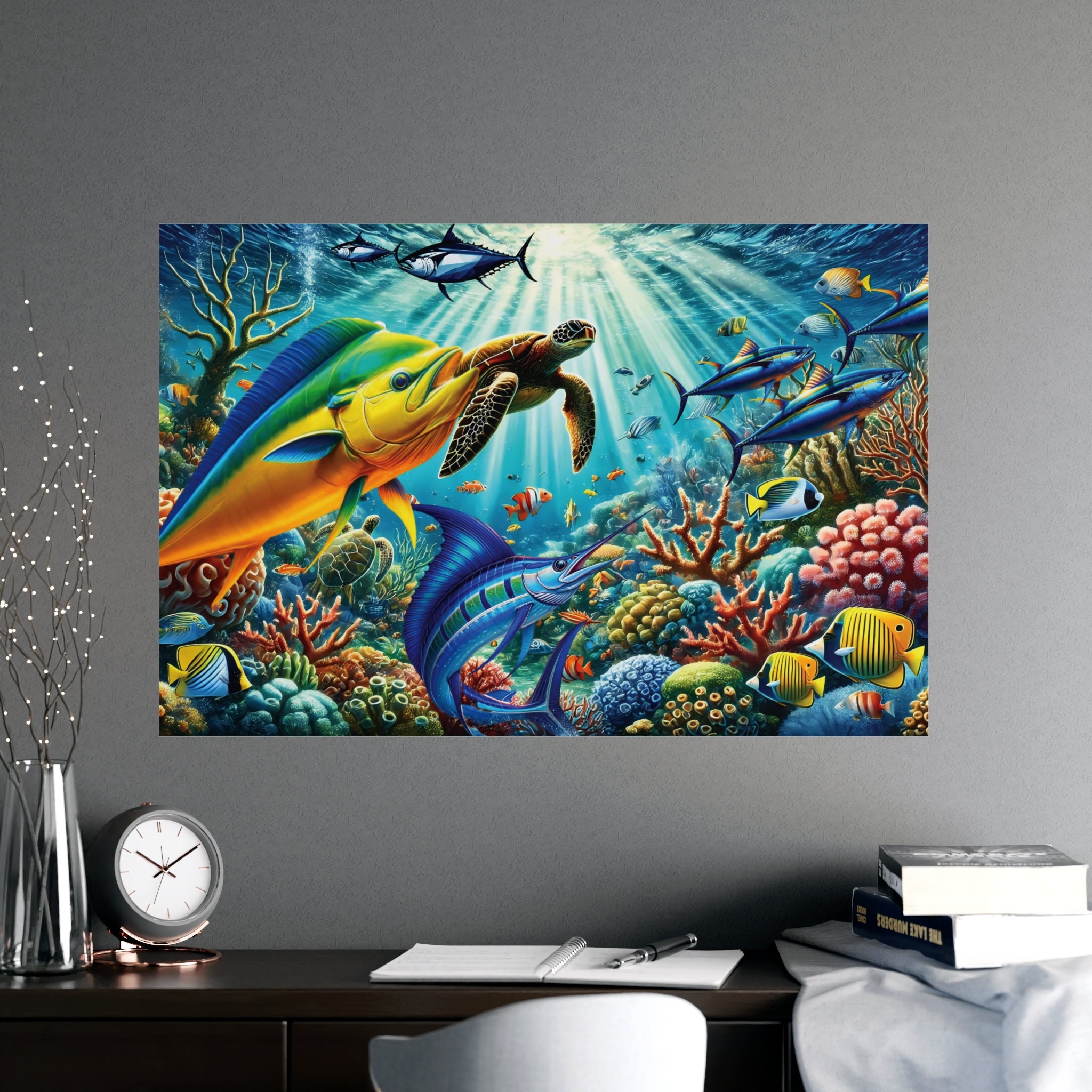 Vibrant Sea Life Poster Turtles Fish Coral Reef Underwater Marine Art ...