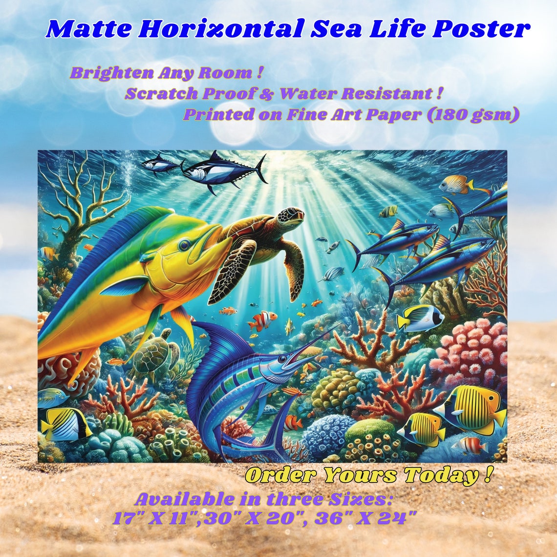 Vibrant Sea Life Poster Turtles Fish Coral Reef Underwater Marine Art ...