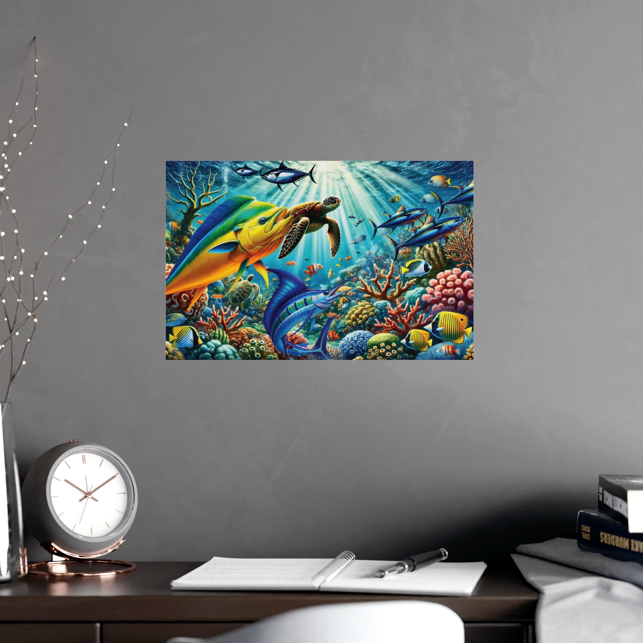 Vibrant Sea Life Poster Turtles Fish Coral Reef Underwater Marine Art ...