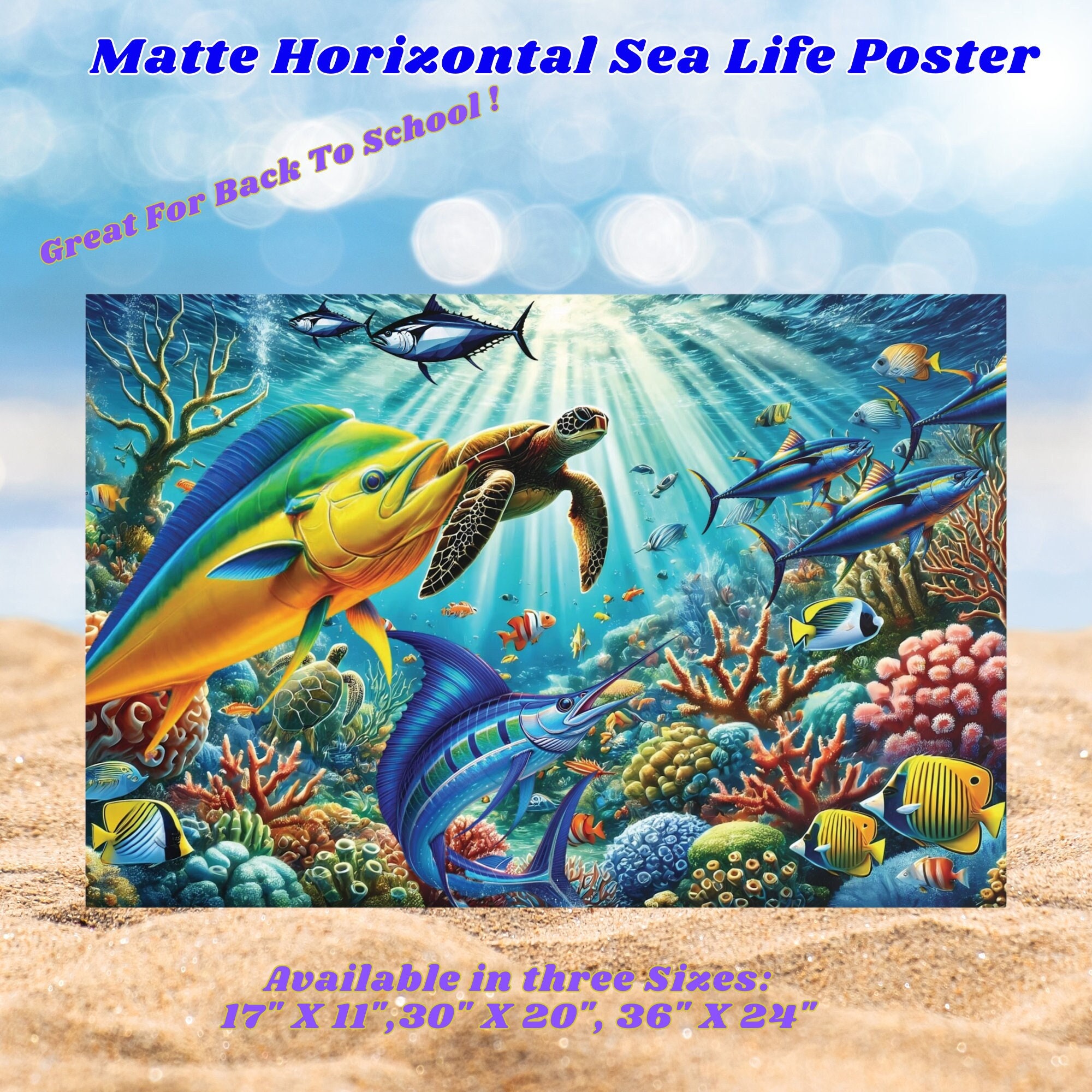 Vibrant Sea Life Poster Turtles Fish Coral Reef Underwater Marine Art ...