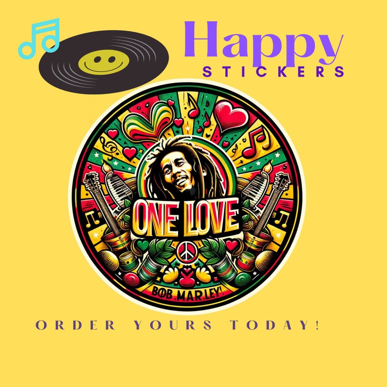 Bob Marley One Love Peace Unity Reggae Sticker Vibrant Sunburst Design ...