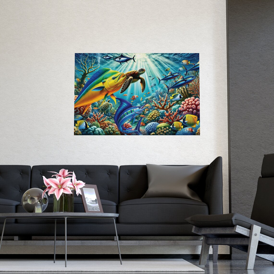 Vibrant Sea Life Poster Turtles Fish Coral Reef Underwater Marine Art ...
