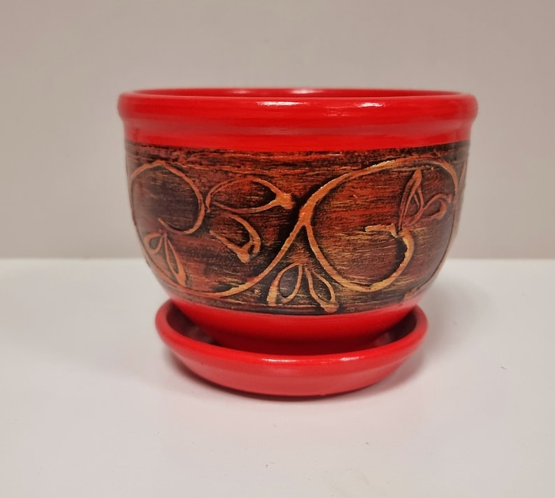 Red Ceramic Planter Pot Indoor Decoration Vivid Bright Colors Relief ...