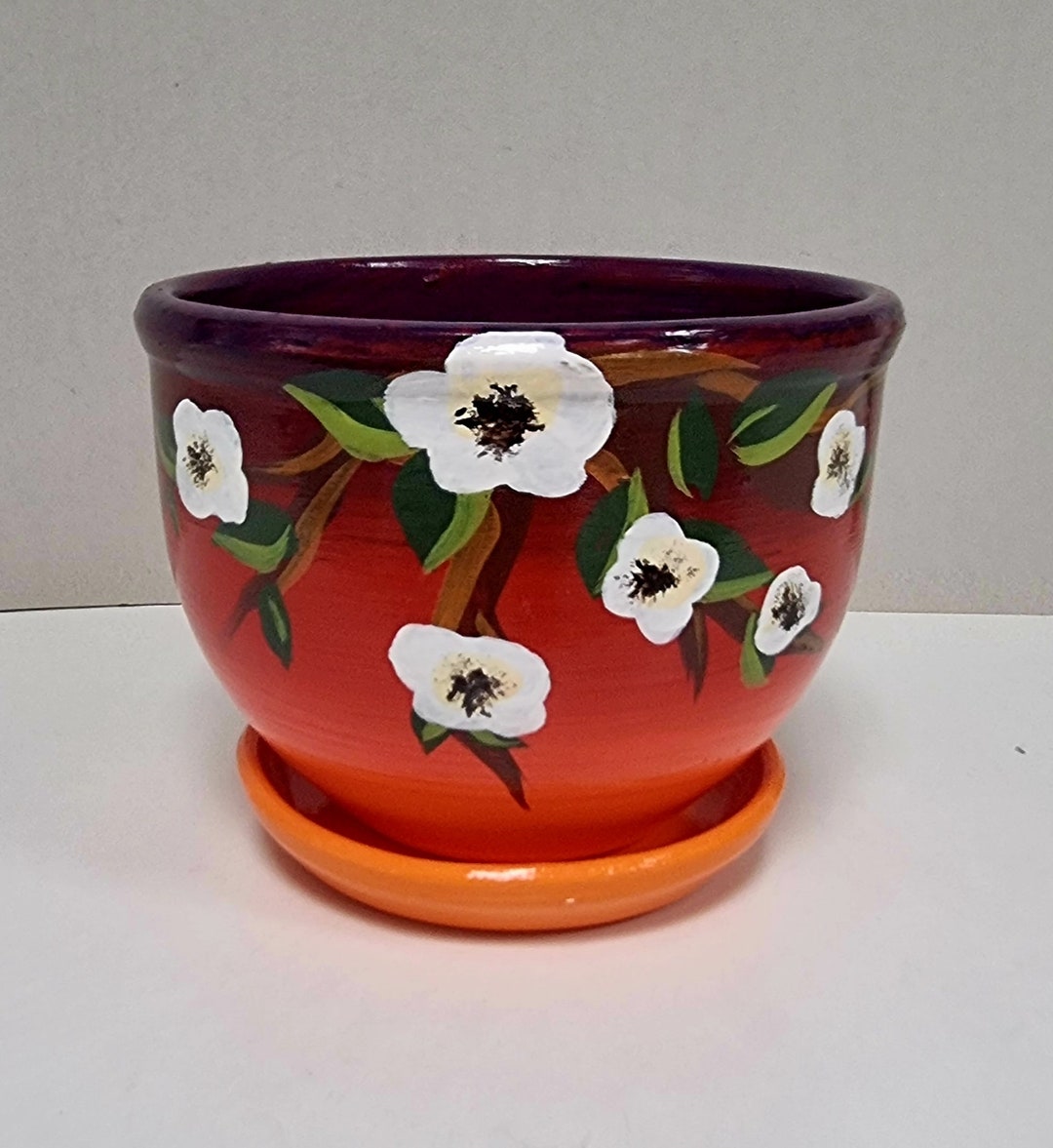 Ceramic Flower Pot 1pc. Hand-painted Orange Red Burgundy Chery Blossom ...