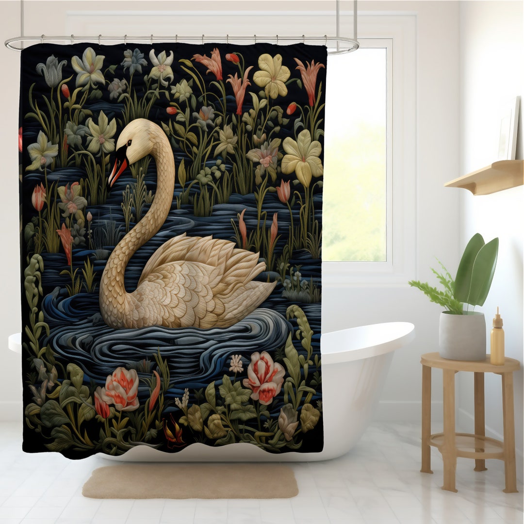 William Morris Inspired Swan Shower Curtain. Serene Floral, Stylized ...