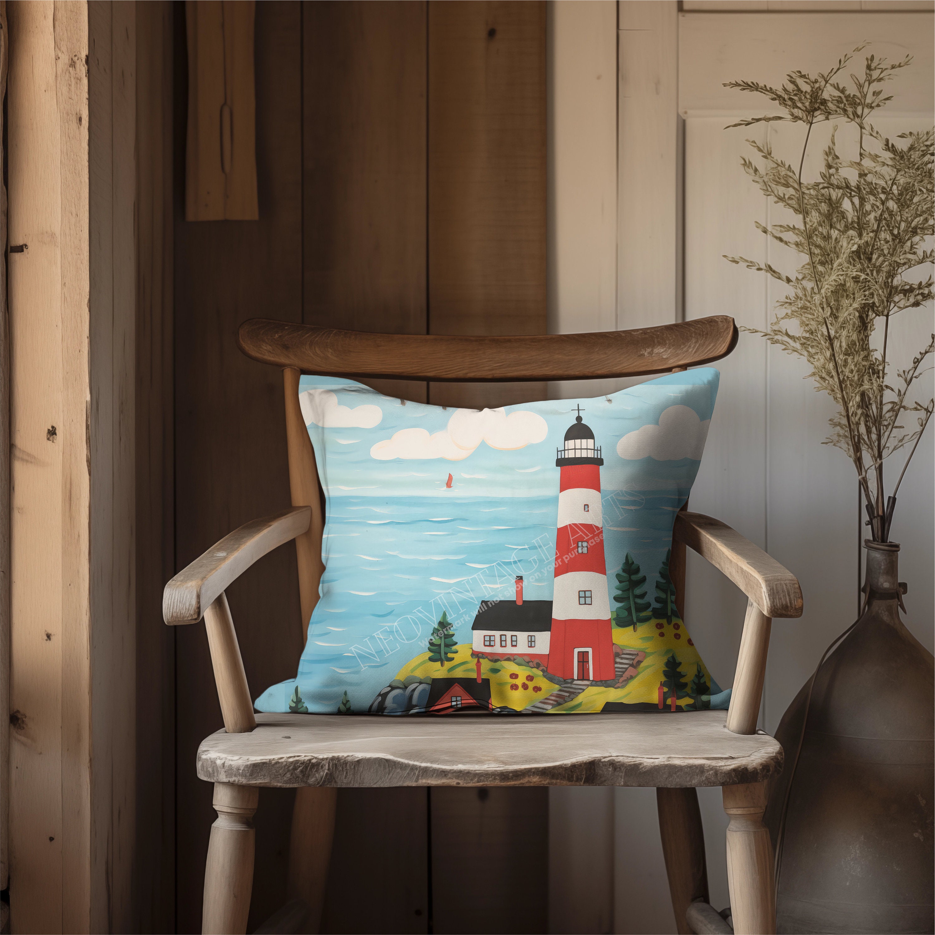 Lighthouse Decor Pillow, Folk Art Inspired by Maud Lewis. With or ...