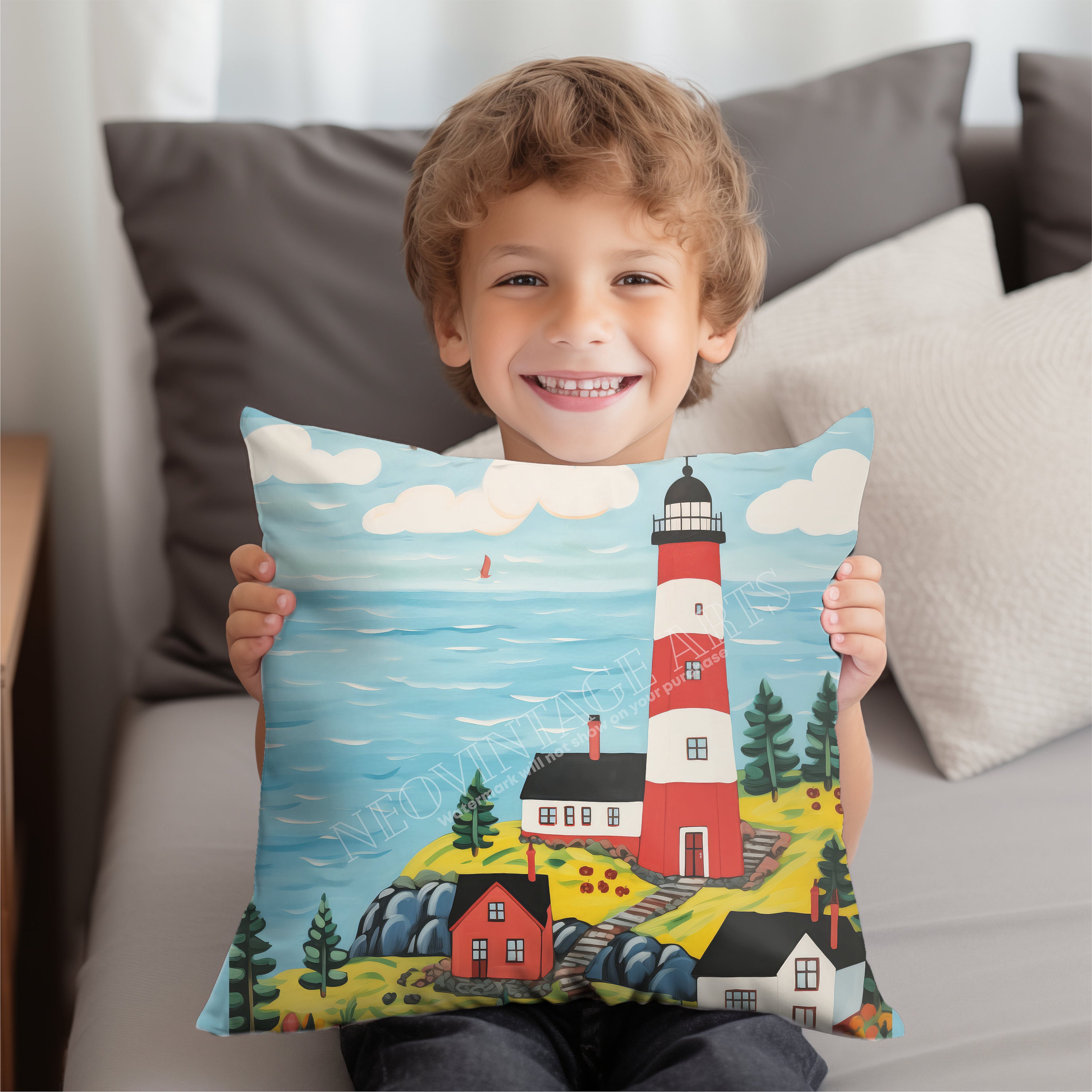 Lighthouse Decor Pillow, Folk Art Inspired by Maud Lewis. With or ...
