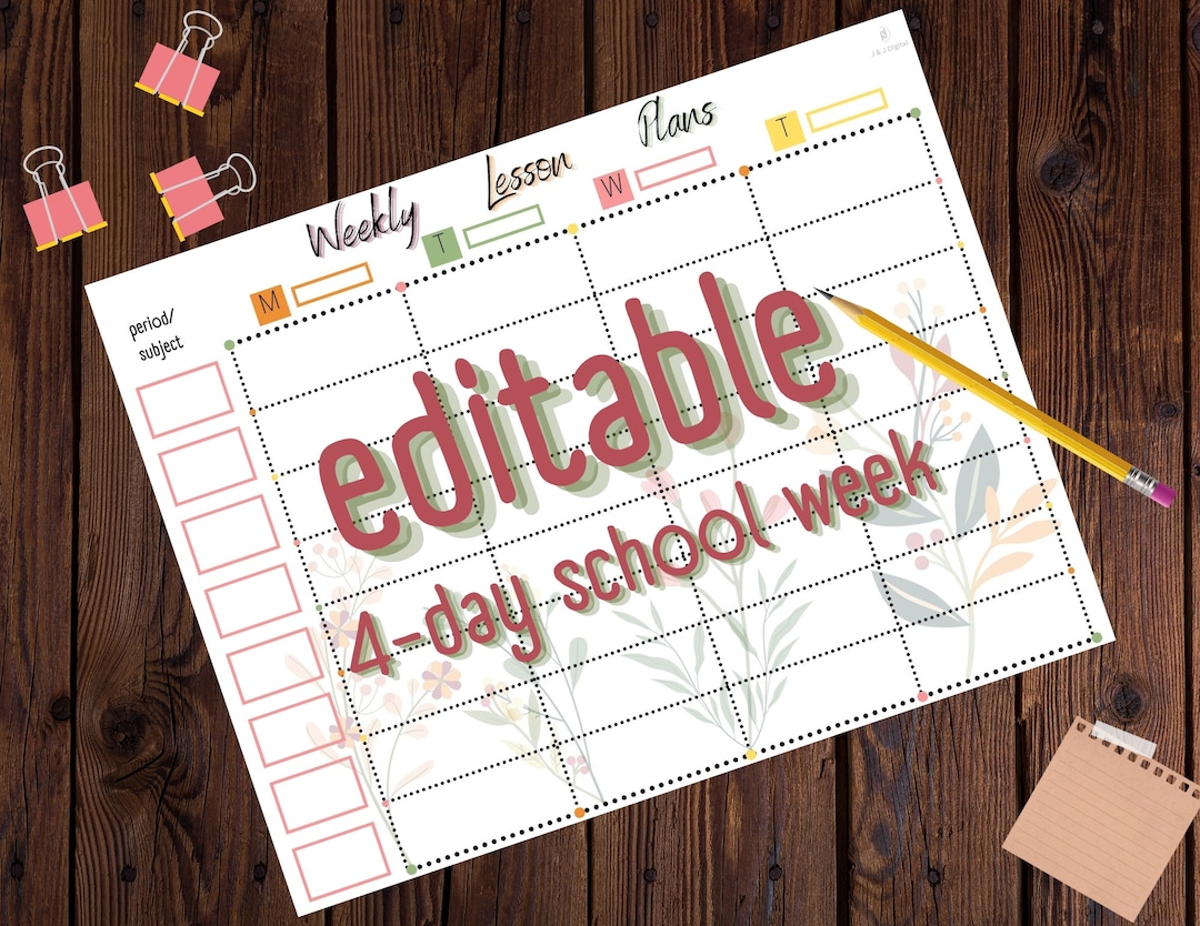 Editable Teacher Weekly Lesson Plan - 4 Days - 8 Class Periods - Flower ...