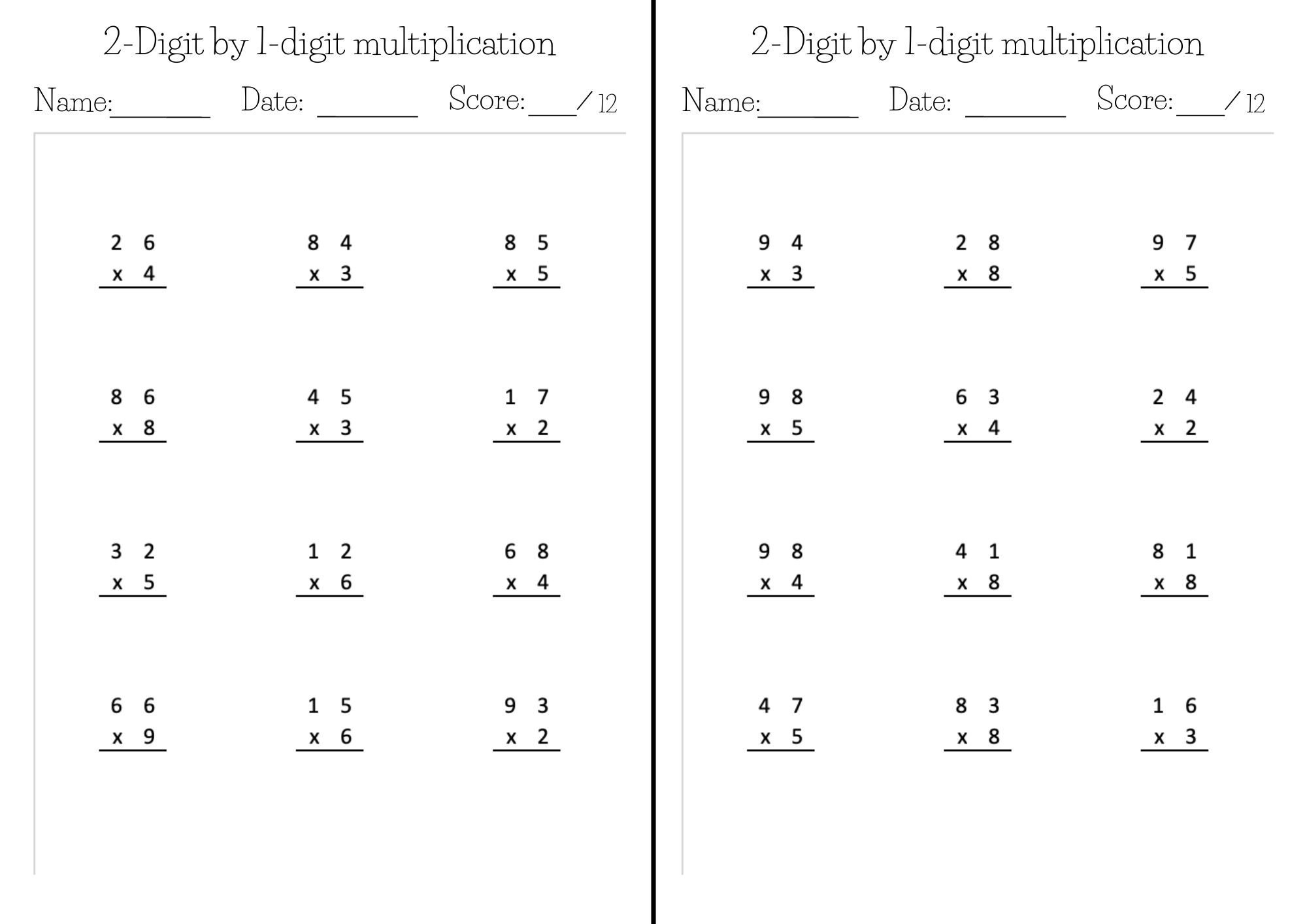 Kumon like Math Worksheets Exercise Pages In PDF 2 digit By 1 digit