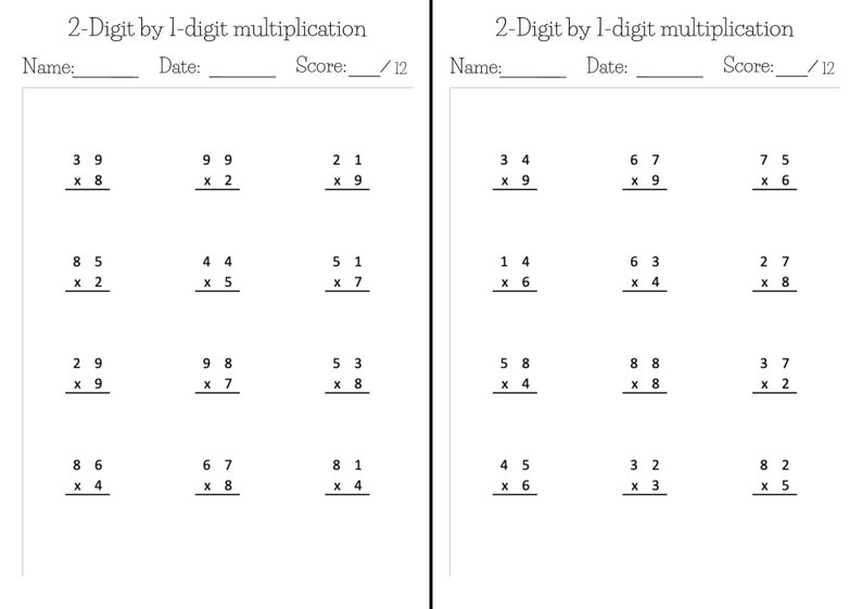 Kumon-like Math Worksheets Exercise Pages in PDF (2-digit by 1-digit ...
