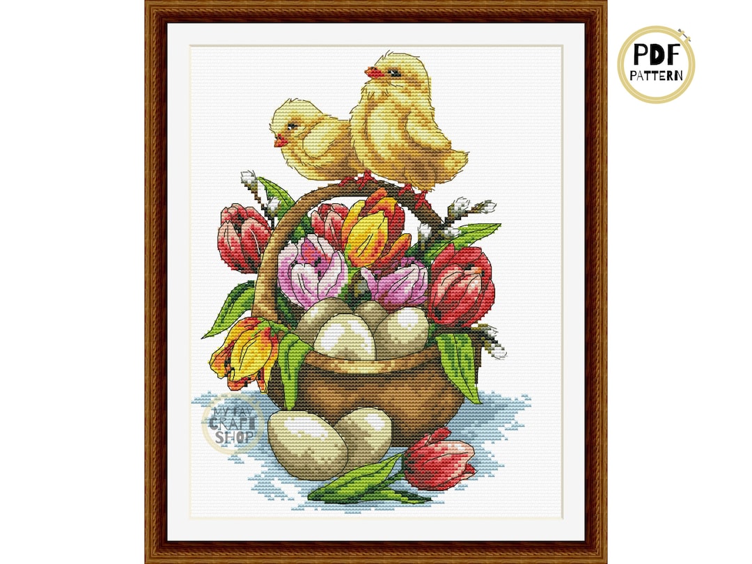 Easter Chicks Basket Cross Stitch Pattern: Vintage Spring Flowers (PDF ...
