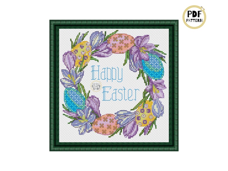 Happy Easter Wreath Cross Stitch PDF. Instant Download. Vintage Counted ...