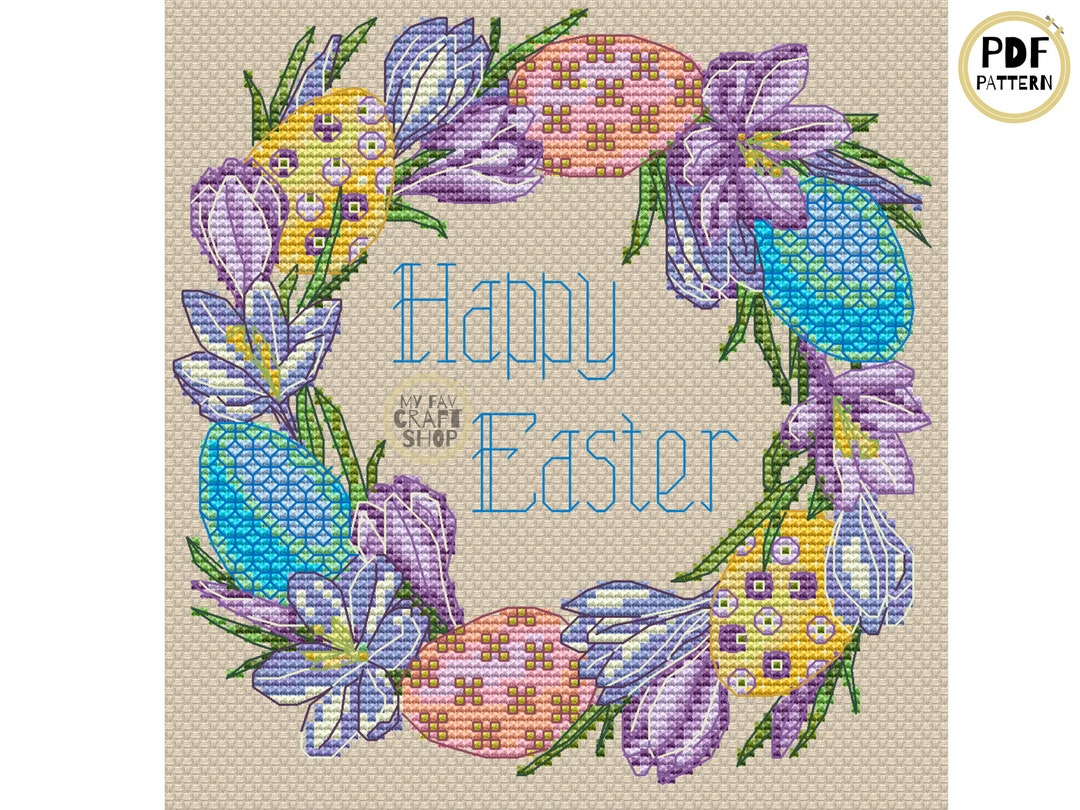 Happy Easter Wreath Cross Stitch PDF. Instant Download. Vintage Counted ...