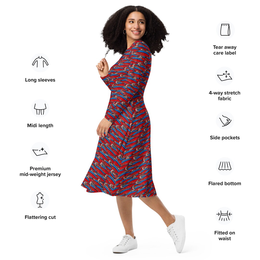 Cardinal Tetra Dress, All-over Print Long Sleeve Midi Dress, Freshwater ...