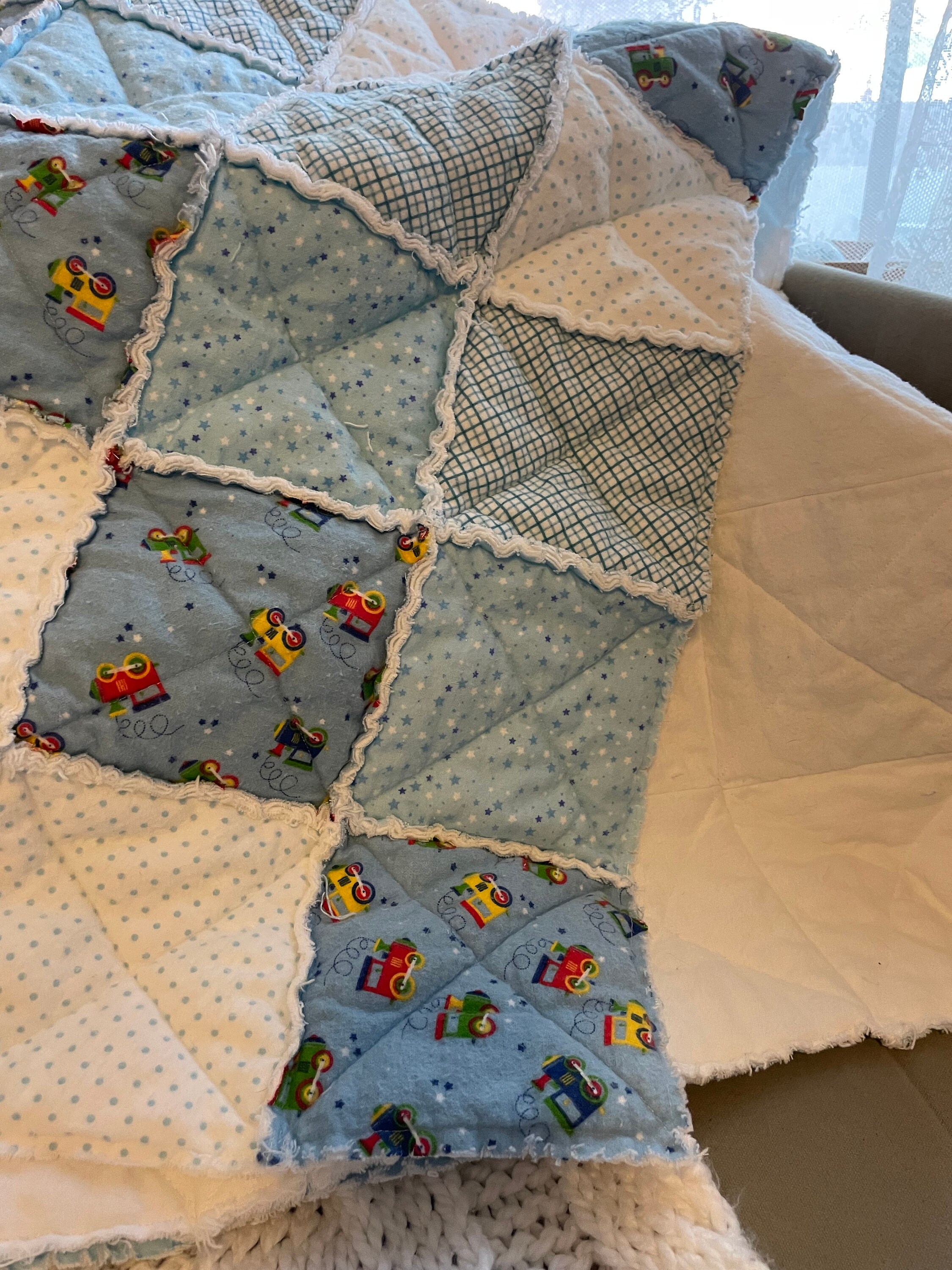 Handmade Flannel Blue Trains Baby Boy Rag Quilt Crib Size, Baby Shower ...