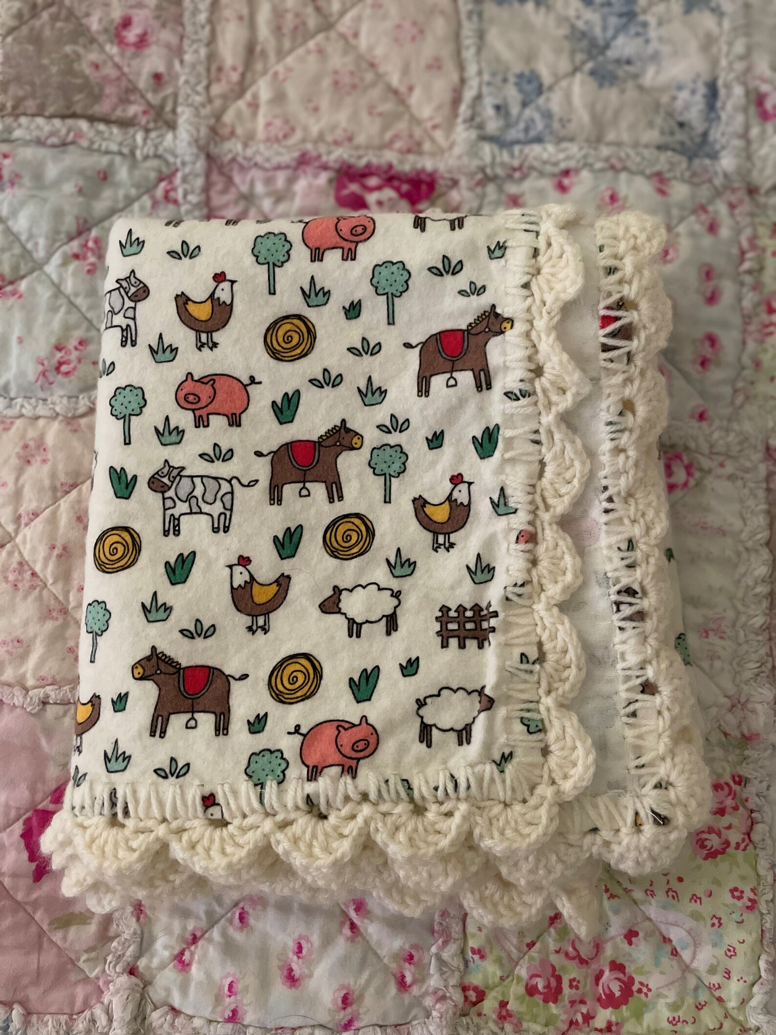 Handmade Farm Animal Baby Receiving Blanket, Hand Crochet Edging - Etsy