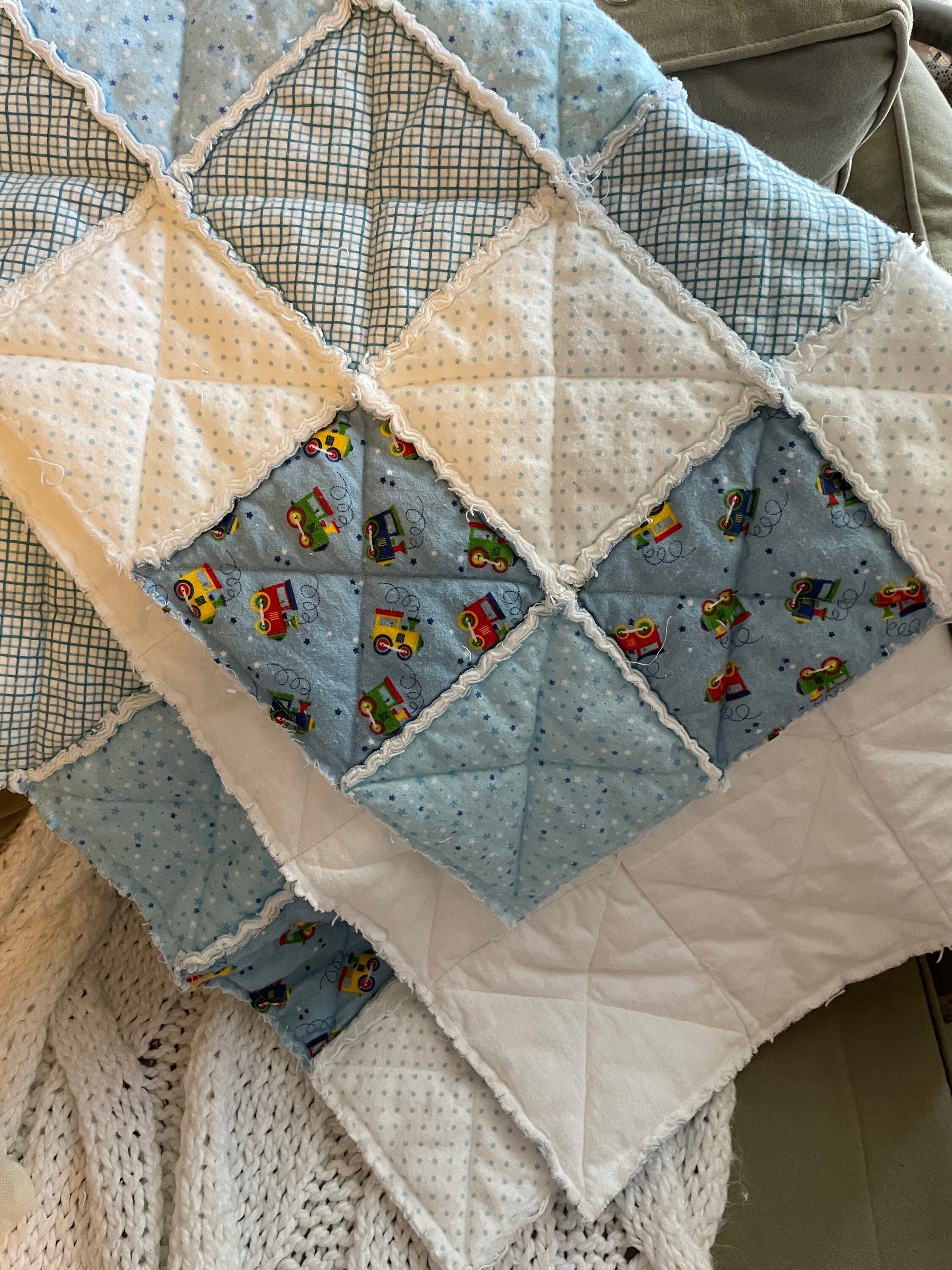 Handmade Flannel Blue Trains Baby Boy Rag Quilt Crib Size, Baby Shower ...
