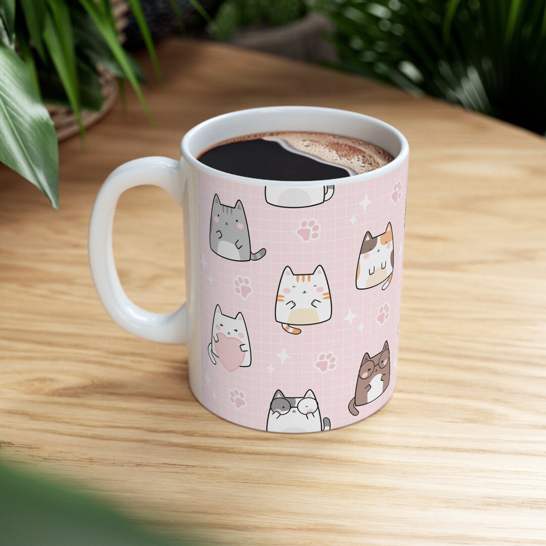 Kawaii Ceramic Pink Cute Cats Cup Ceramic Mug 11oz Aesthetic Preppy Cup ...