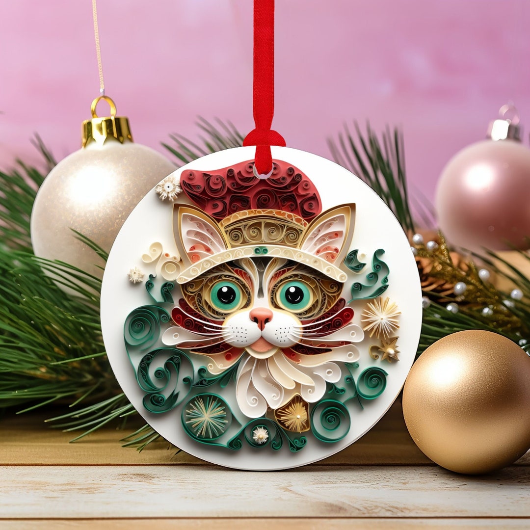 Cat Round Ceramic Christmas Ornament, Cute Xmas Tree Decor, 2D Flat ...