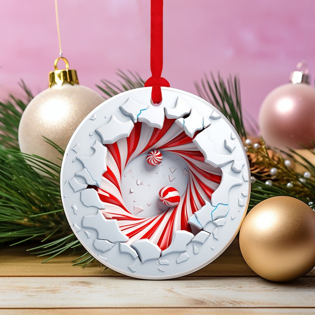 Candy Cane Ornament, Cute Round Ceramic Christmas Tree Decor, 2D Flat ...