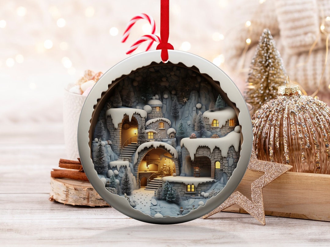 Santa's Village Round Ceramic Christmas Ornament, Cute Xmas Tree Decor ...