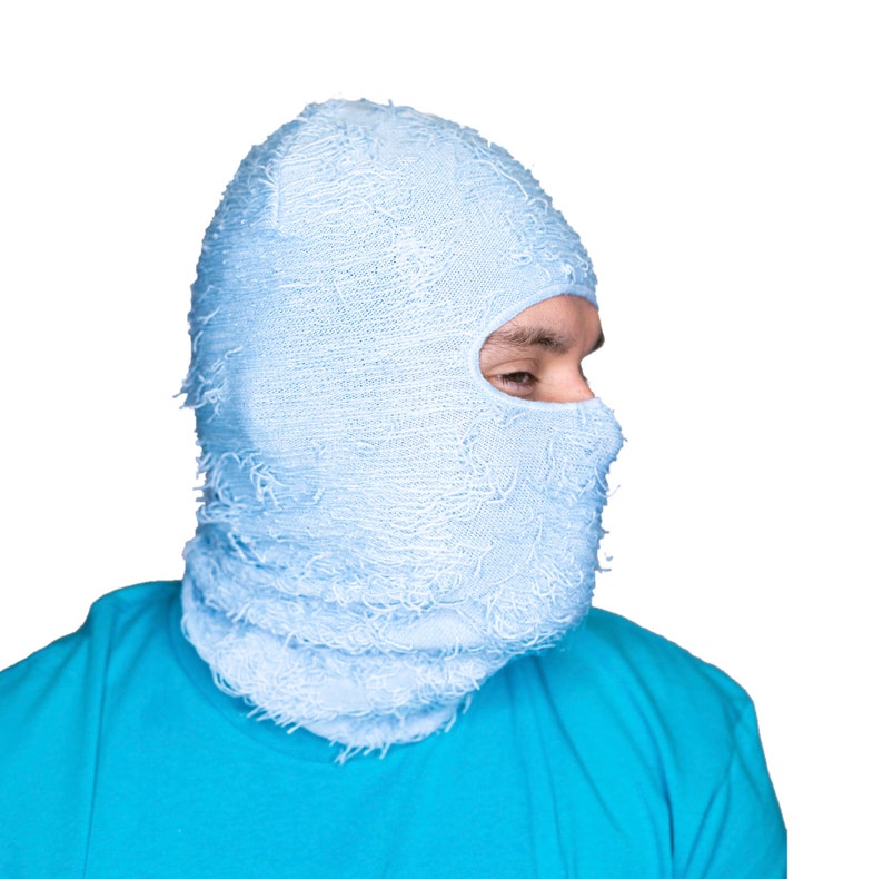 LIGHT BLUE Fuzzy Shiesty Balaclava Distressed Knitted Full Face Ski ...