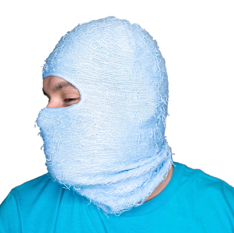 LIGHT BLUE Fuzzy Shiesty Balaclava Distressed Knitted Full Face Ski ...