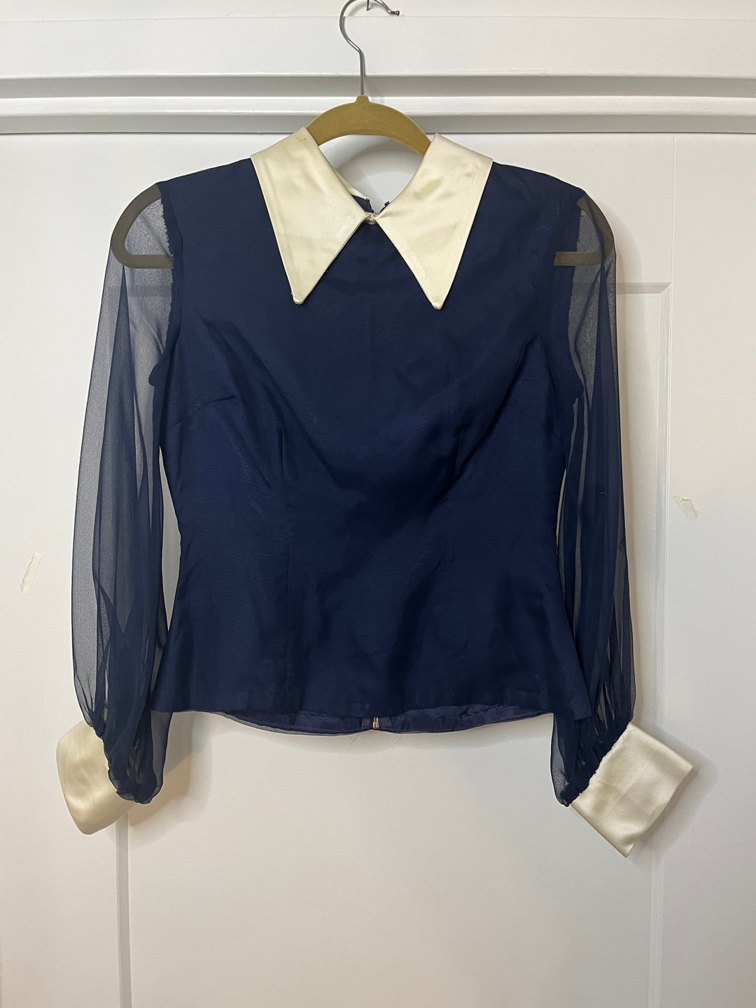Vintage Dark Blue Blouse With Sheer Arms and White Silk Collar and ...