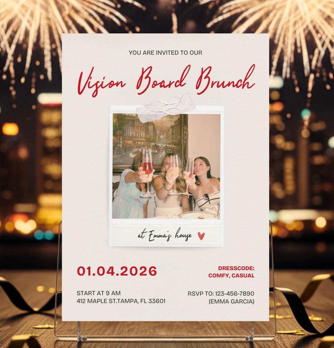 Vision Board Brunch Invitation (canva Editable) | Red Aesthetic New ...