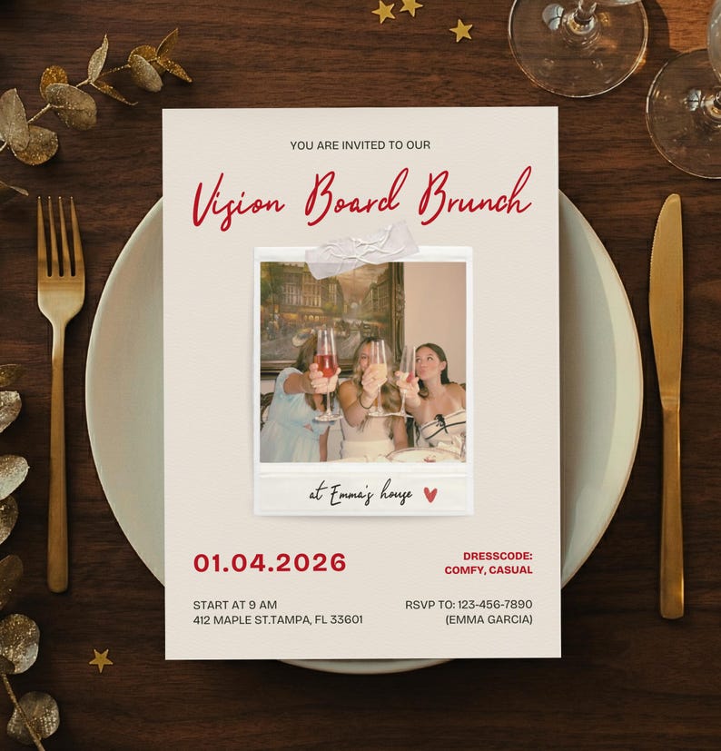 Vision Board Brunch Invitation (canva Editable) | Red Aesthetic New ...