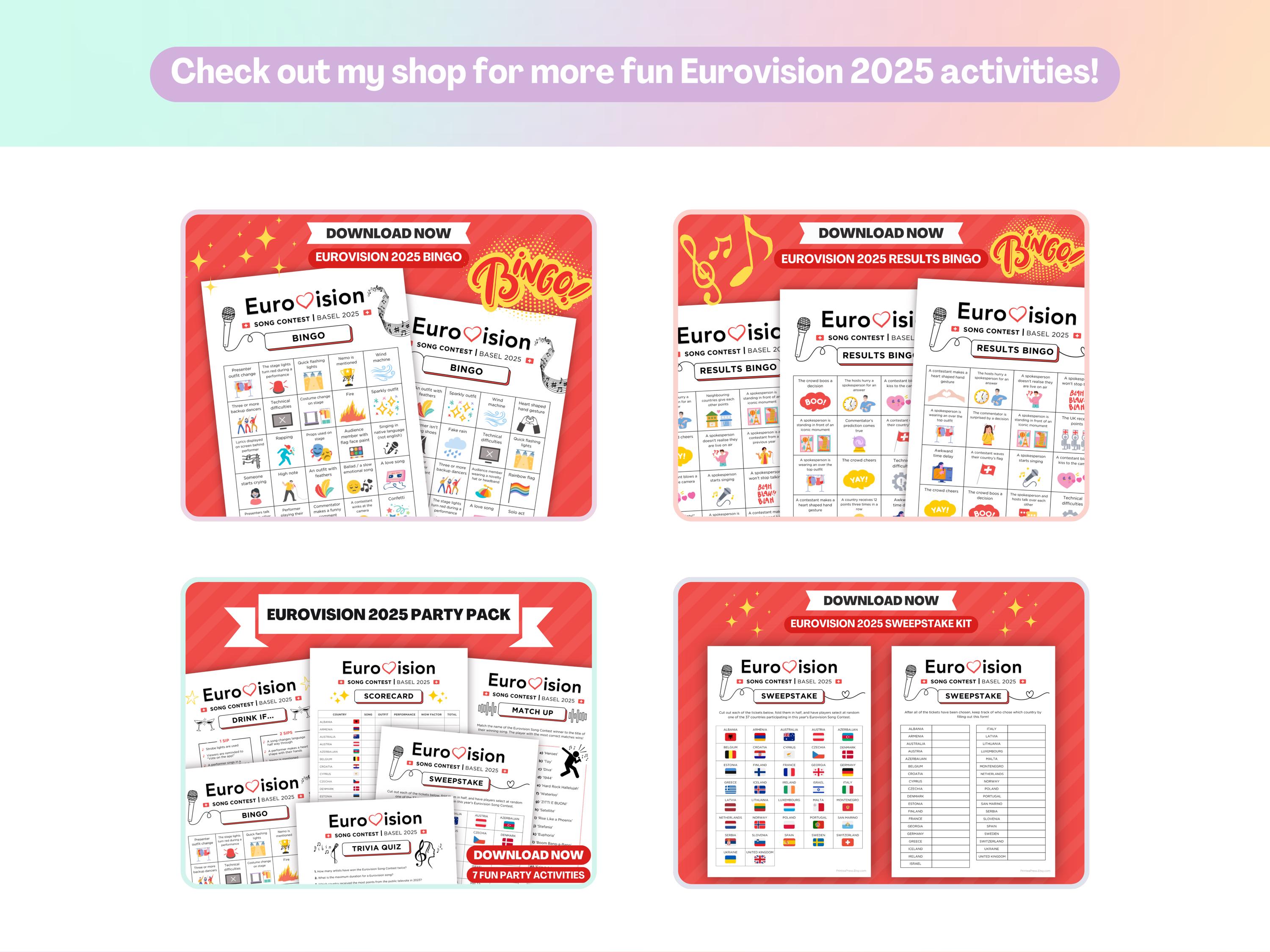 Eurovision 2025 Bingo Sheets (15 Player Cards) | Eurovision Song ...