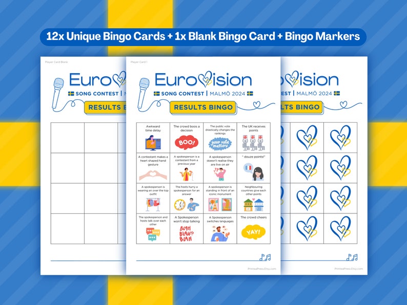 Eurovision 2024 Results Bingo ESC Bingo 12 Player Cards Eurovision Song ...