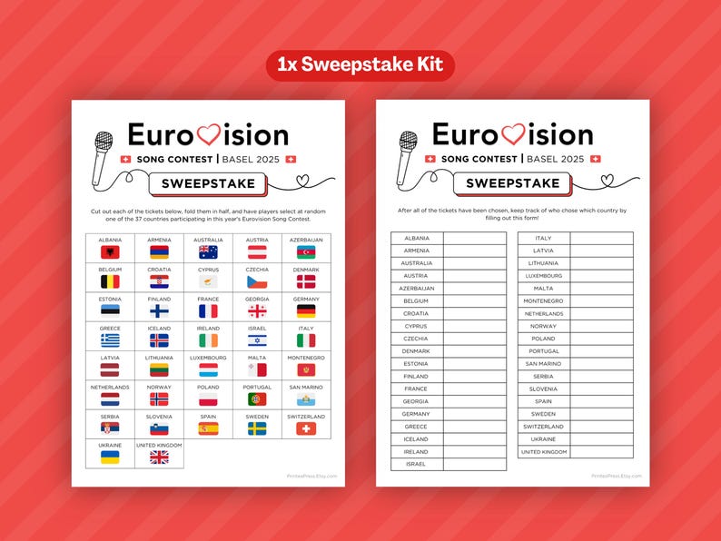 Eurovision 2025 Sweepstake Kit | Eurovision Song Contest Party Game ...