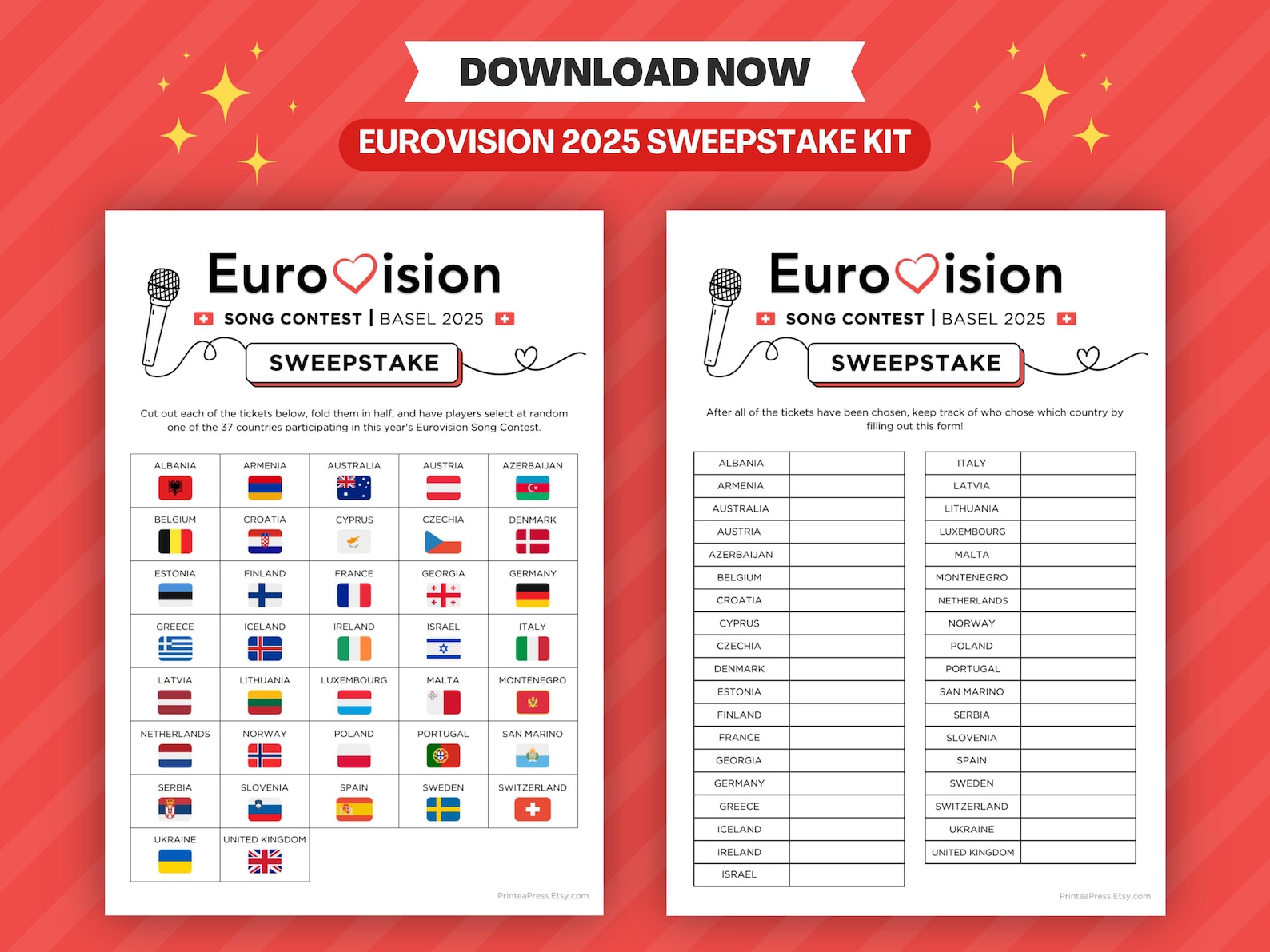 Eurovision 2025 Sweepstake Kit | Eurovision Song Contest Party Game ...