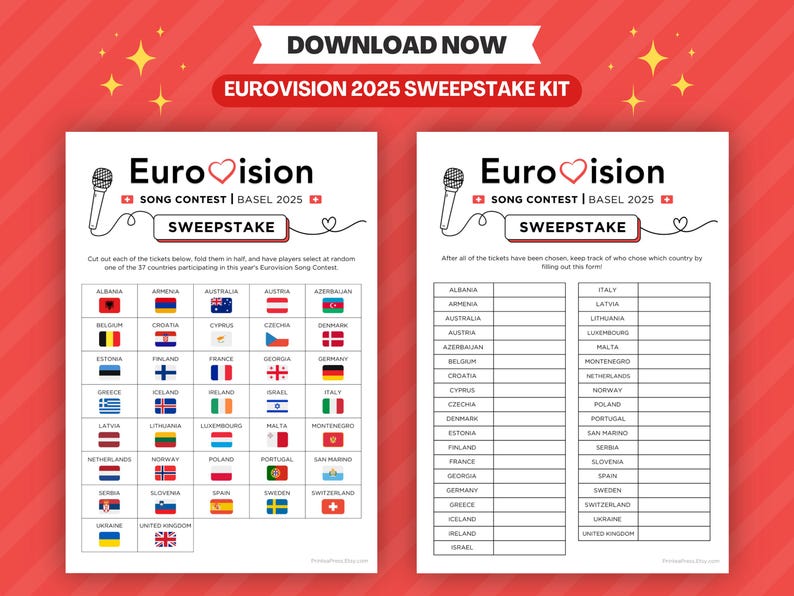 Eurovision 2025 Sweepstake Kit | Eurovision Song Contest Party Game ...