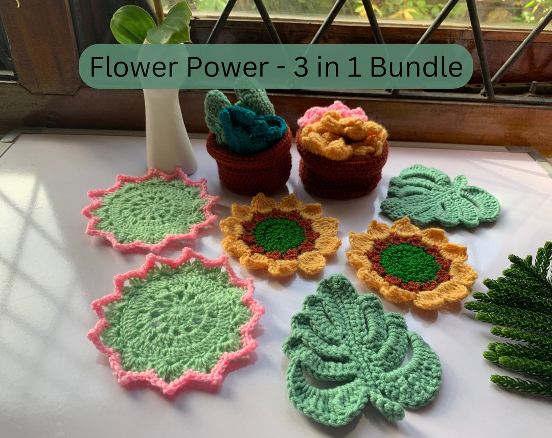 Crochet Pattern Coaster Bundle: Succulent, Sunflower, Monstera - Video ...