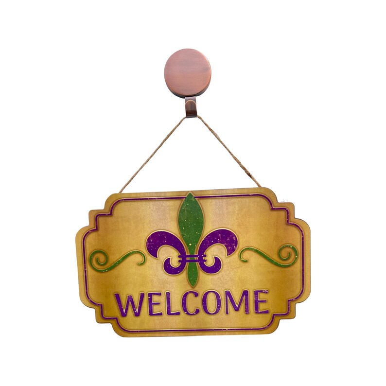 Fleur De Lis Welcome Sign, Mardi Gras Themed Door Hanger, Wreath Sign ...