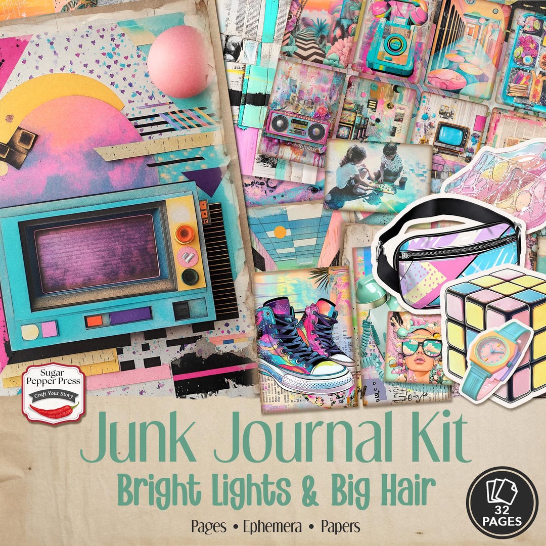 Bright Lights & Big Hair Junk Journal Kit | Printable 80s Retro ...
