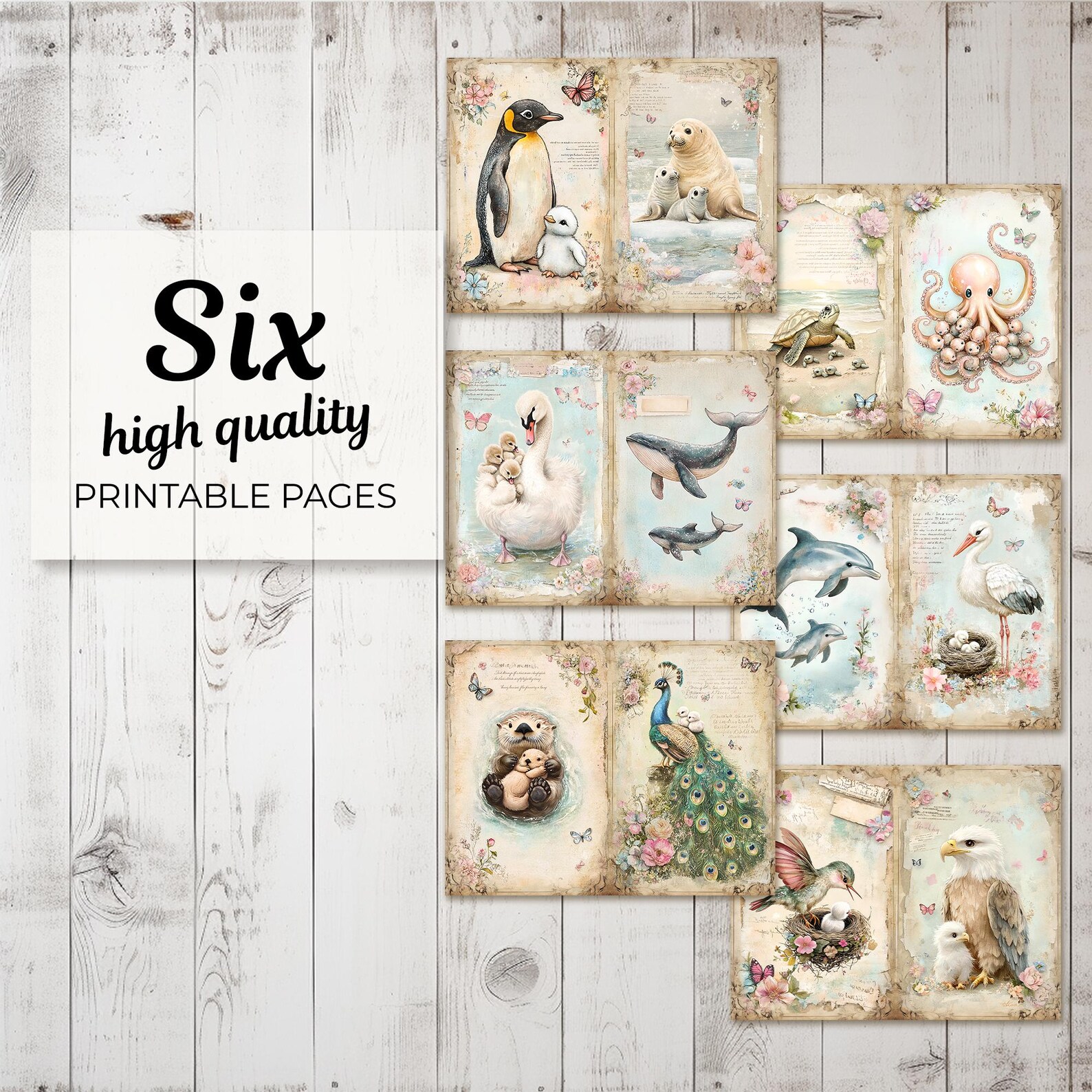 Dolphin and Birds Junk Journal Pages, Printable Papers for Scrapbooking, Marine Life Beach ...