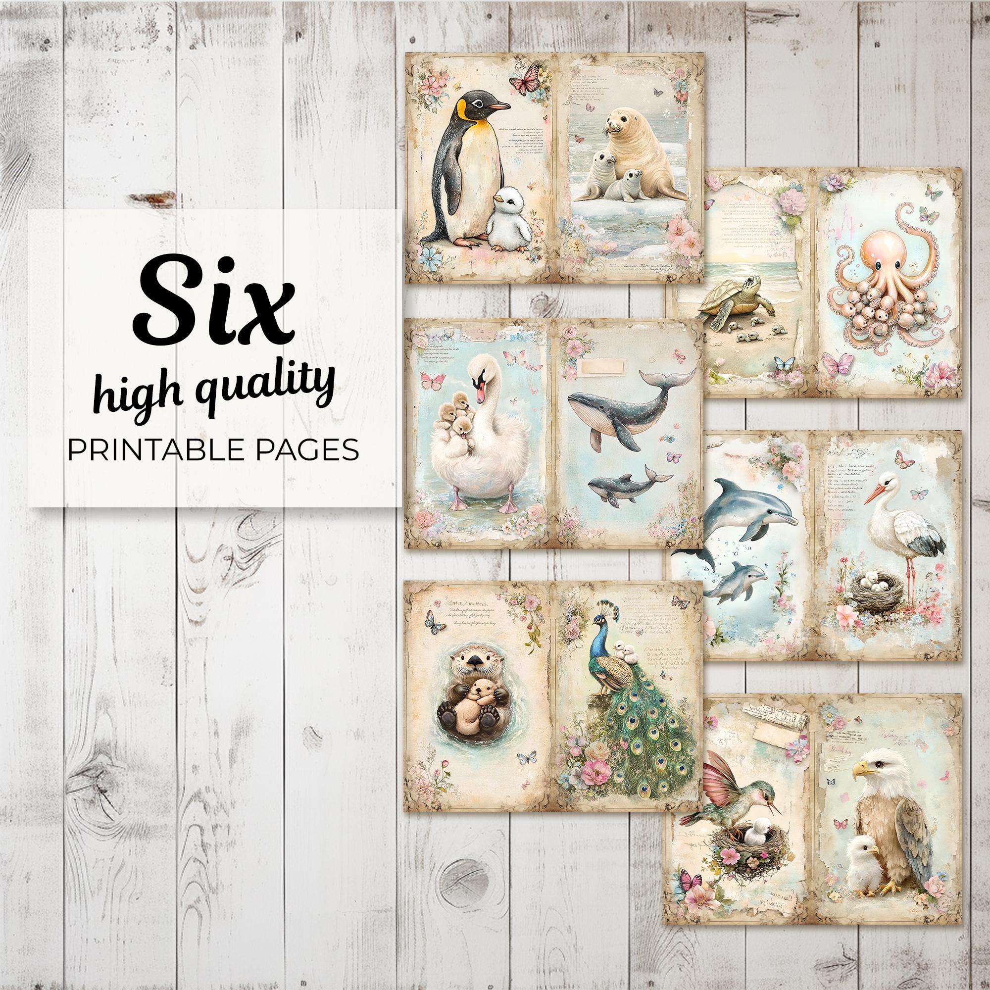 Dolphin and Birds Junk Journal Pages, Printable Papers for Scrapbooking ...